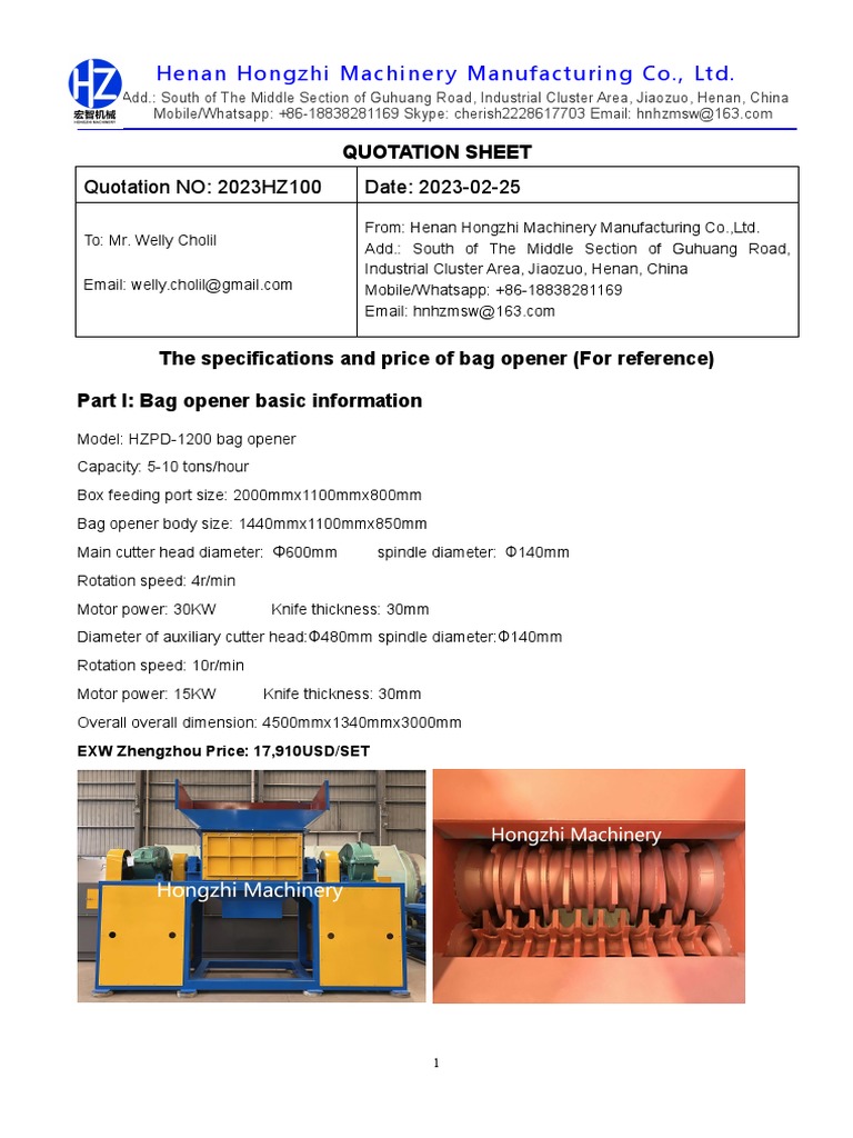 Quotation For Bag Opener | PDF