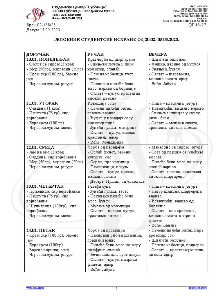 20.02.2023 - 05.03.2023. Jelovnik Za Studente | PDF 20.02.2023 - 05.03.2023. Jelovnik Za Studente | PDF