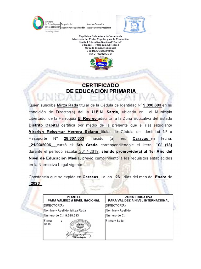 Certificado de Educacion Primaria Airerlyn Herrera | PDF