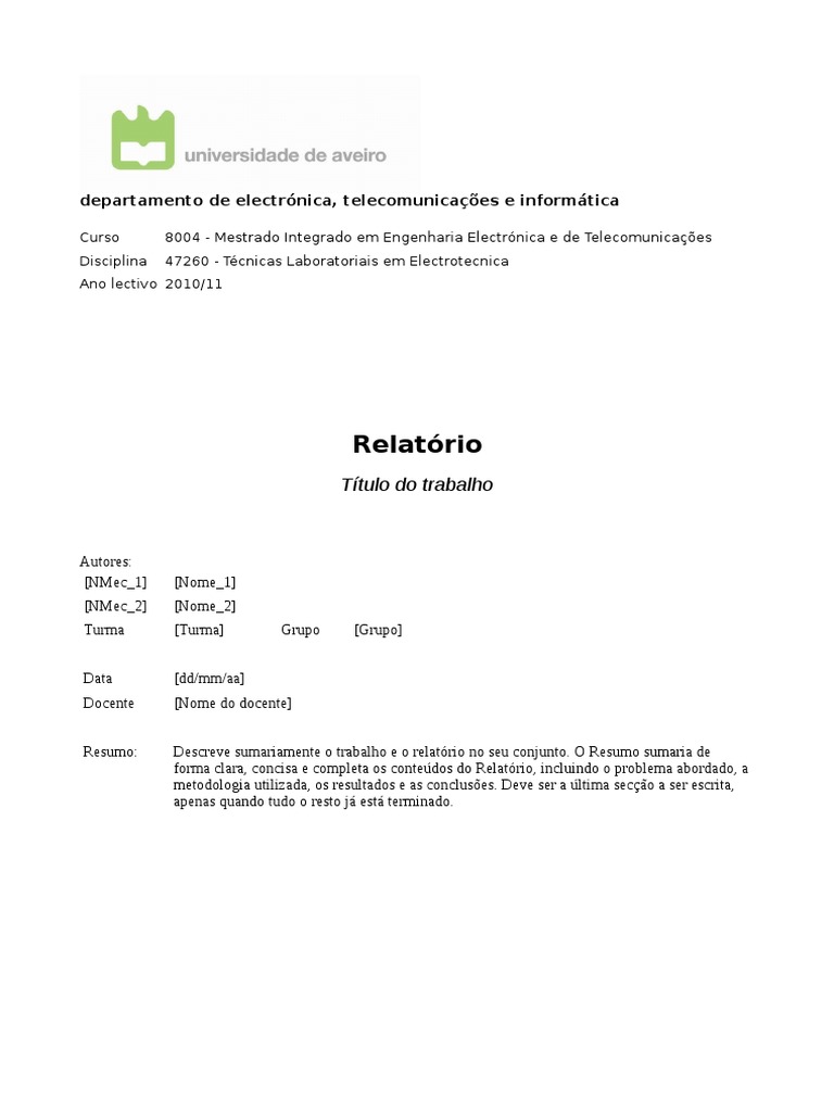 Modelo para Relatório - UA | PDF | Science | Abstract (resumo)