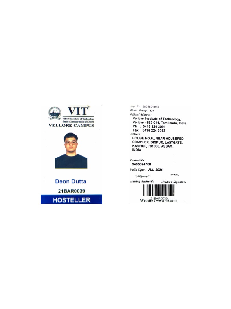 VIT Vellore Student ID Card 2026 | PDF