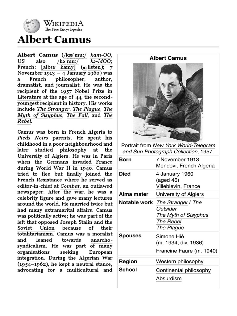 Albert Camus - Wikipedia | PDF | Albert Camus | Existentialism