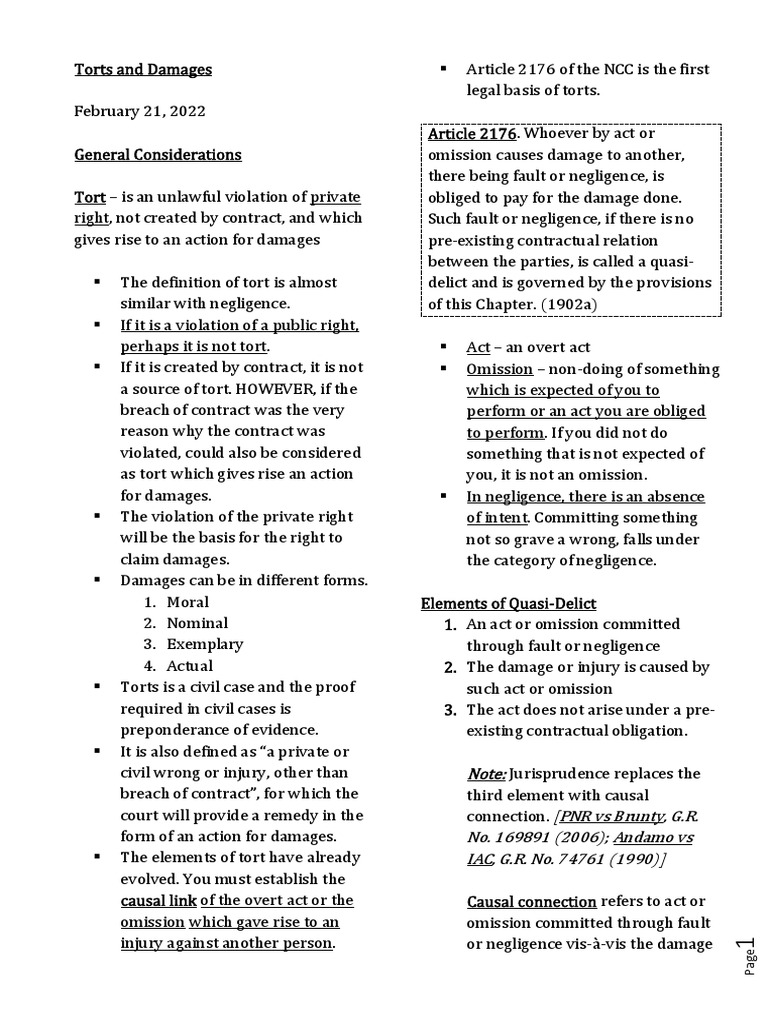 Torts and Damages Notes Finallly | PDF | Tort | Negligence