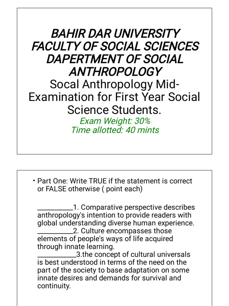 (YDM) Anthropology Mid Exam (Bahir Dar) | PDF | Anthropology | Cultural ...