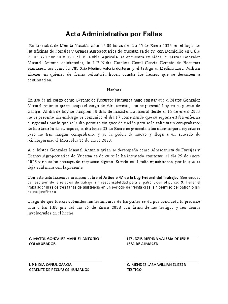 Acta Administrativa de Faltas Laborales | PDF