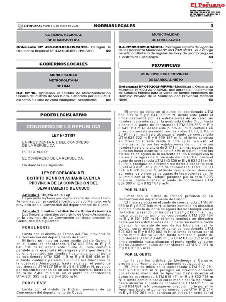 Ley de Creacion Del Distrito de Union Ashaninka en La Provin Ley N 31197 1953924 1 | PDF ...