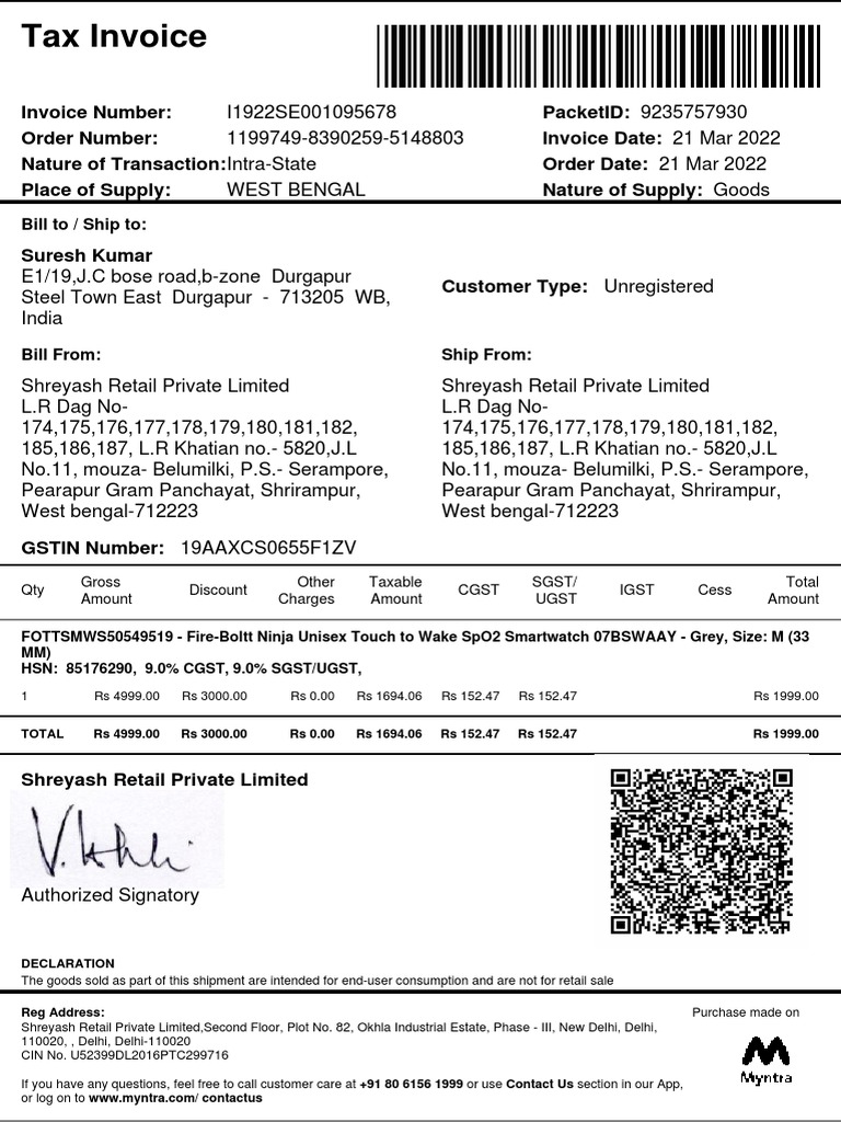A tax invoice for the sale of a smartwatch from Shreyash Retail Private ...