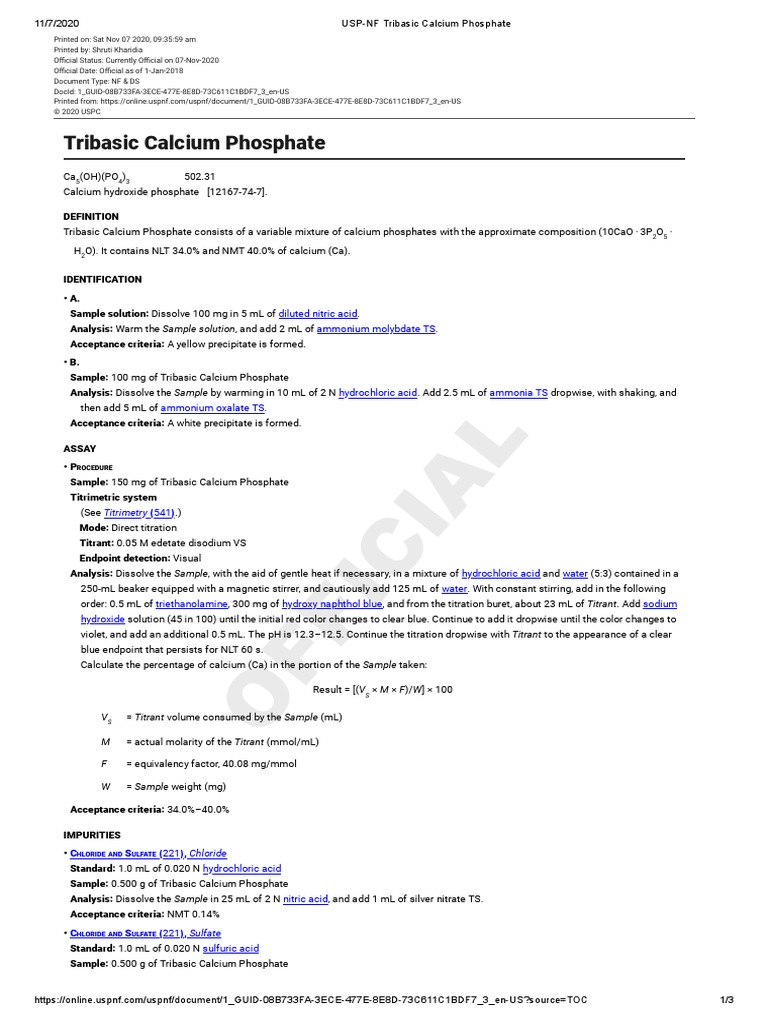 USP-NF Tribasic Calcium Phosphate | PDF | Titration | Chemistry