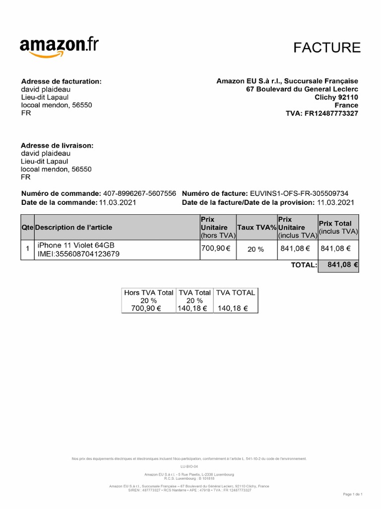 Facture Iphone 11 Amazon | PDF