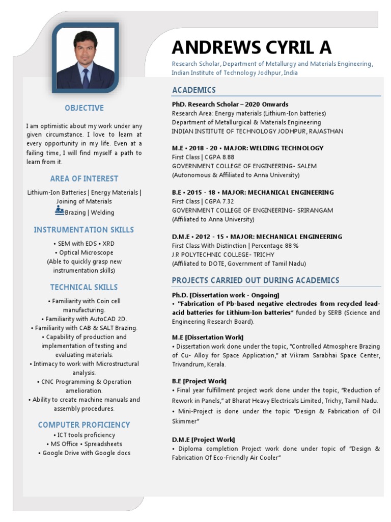 Lithium-Ion Battery Research Scholar CV | PDF | Tamil Nadu | Physical ...