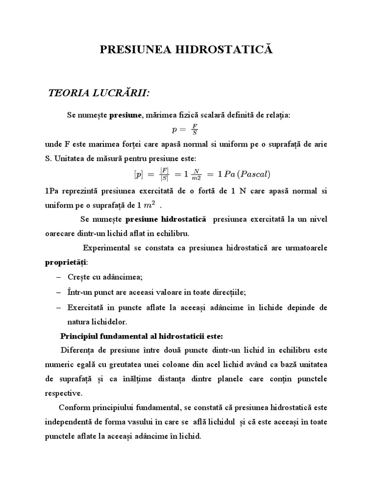 Presiunea Hidrostatica | PDF