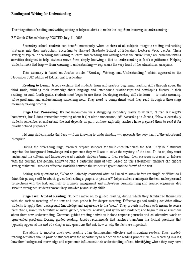 Reading and Writing For Understanding | PDF | Teachers | Literacy