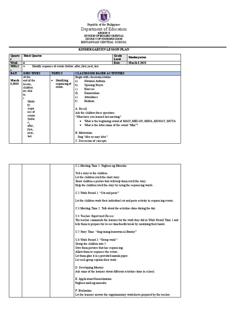 Kindergarten LP-Q3-Week 5 Day 3 | PDF | Cognitive Psychology ...