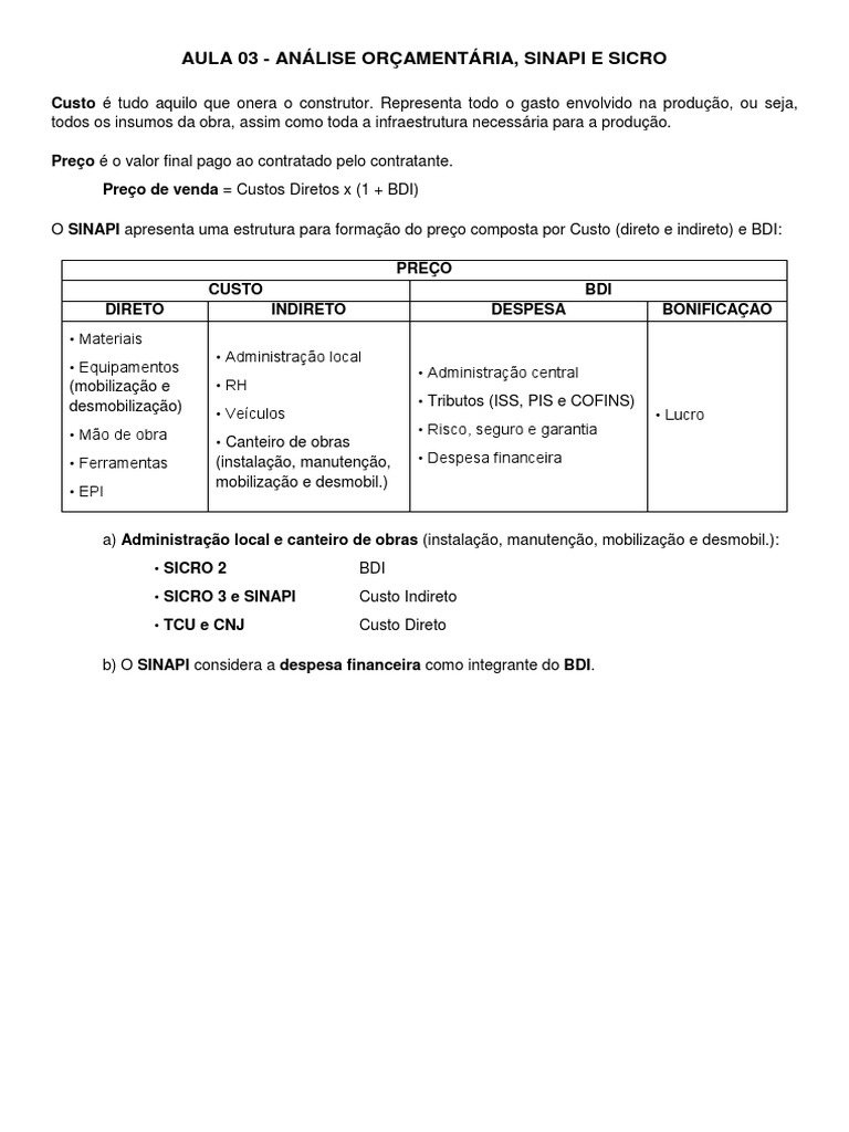 Aula 03 - Análise Orçamentária, SINAPI e SICRO | PDF | Salário | Orçamento