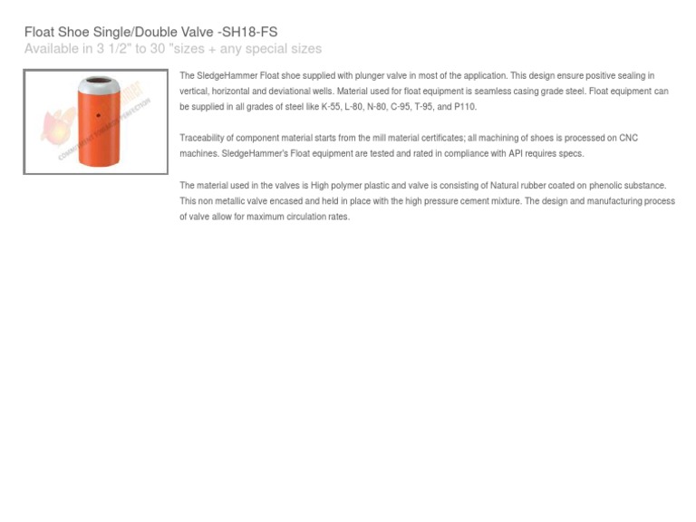 Float Shoe Single-Double Valve | PDF | Valve | Equipment