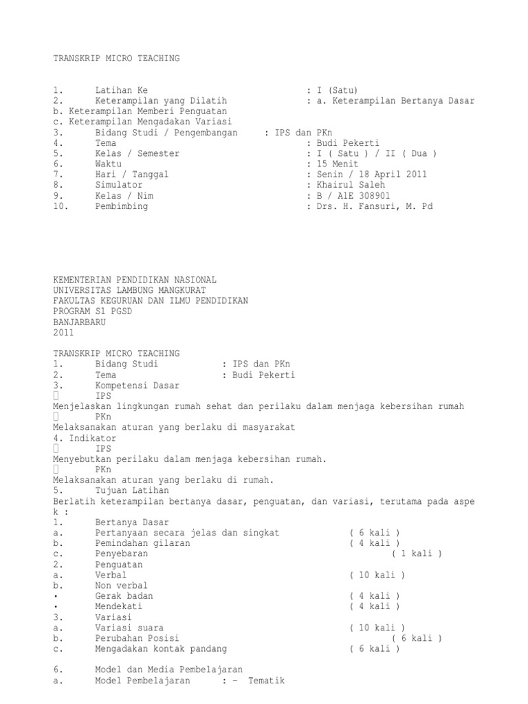 Transkrip Micro Teaching | PDF