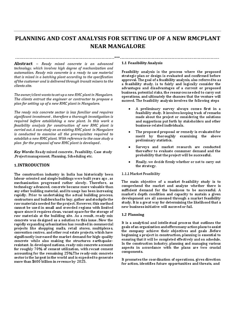 Planning & Cost Analysis For Setting Up of A New RMC Plant - Mangalore ...