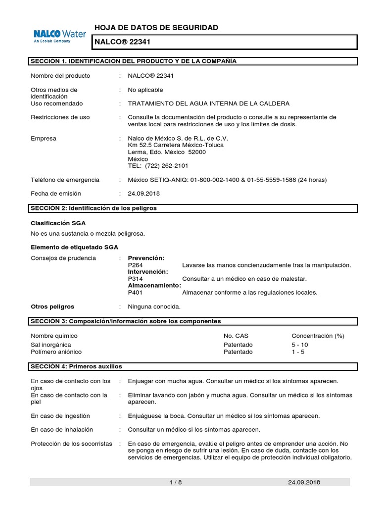 Hoja de Datos de Seguridad NALCO® 22341 | PDF | Reciclaje | Agua