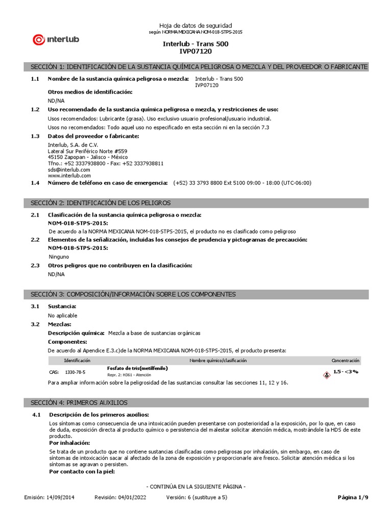 Hoja de Datos de Seguridad: Trans 500 | PDF | Tecnología