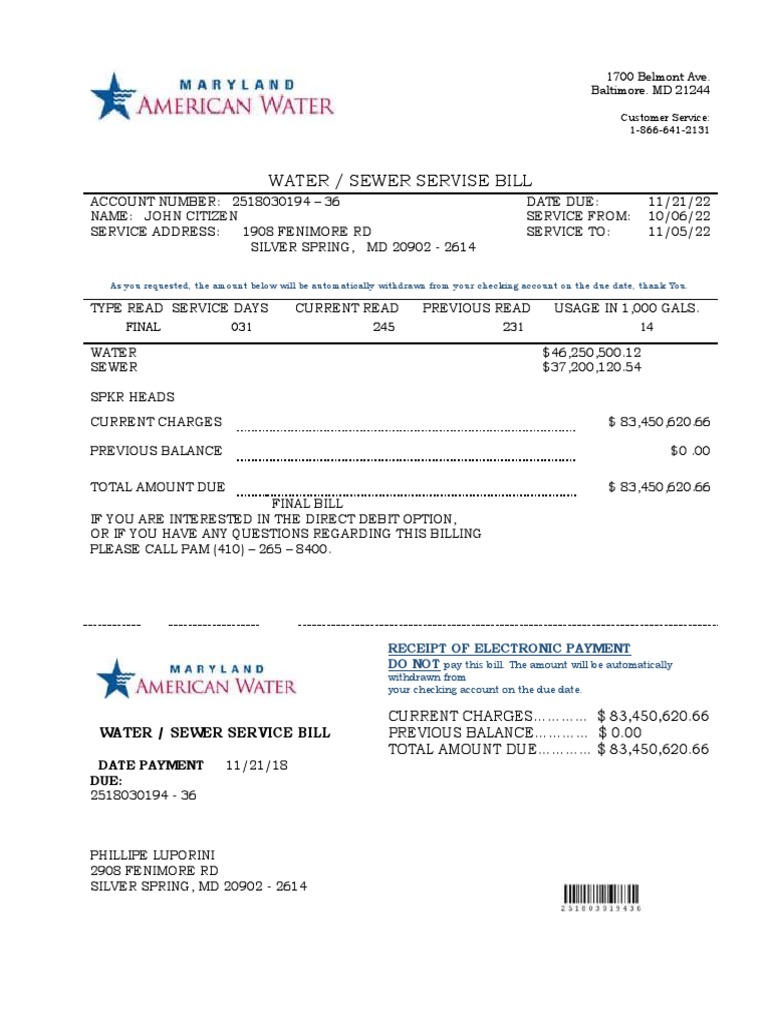 Maryland American Water Bill | PDF | Transaction Account | Banking ...