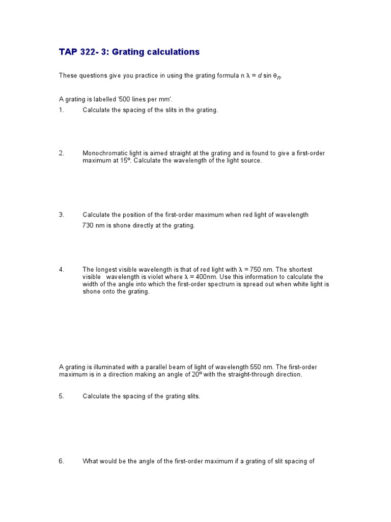 Physics Grating Formula Practice | PDF | Wavelength | Light