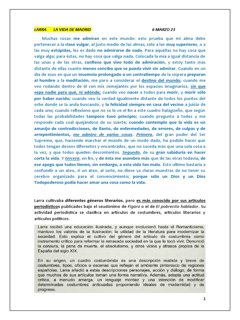 Texto de Larra La Vida de Madrid 6 Marzo 23 | PDF | Sátira