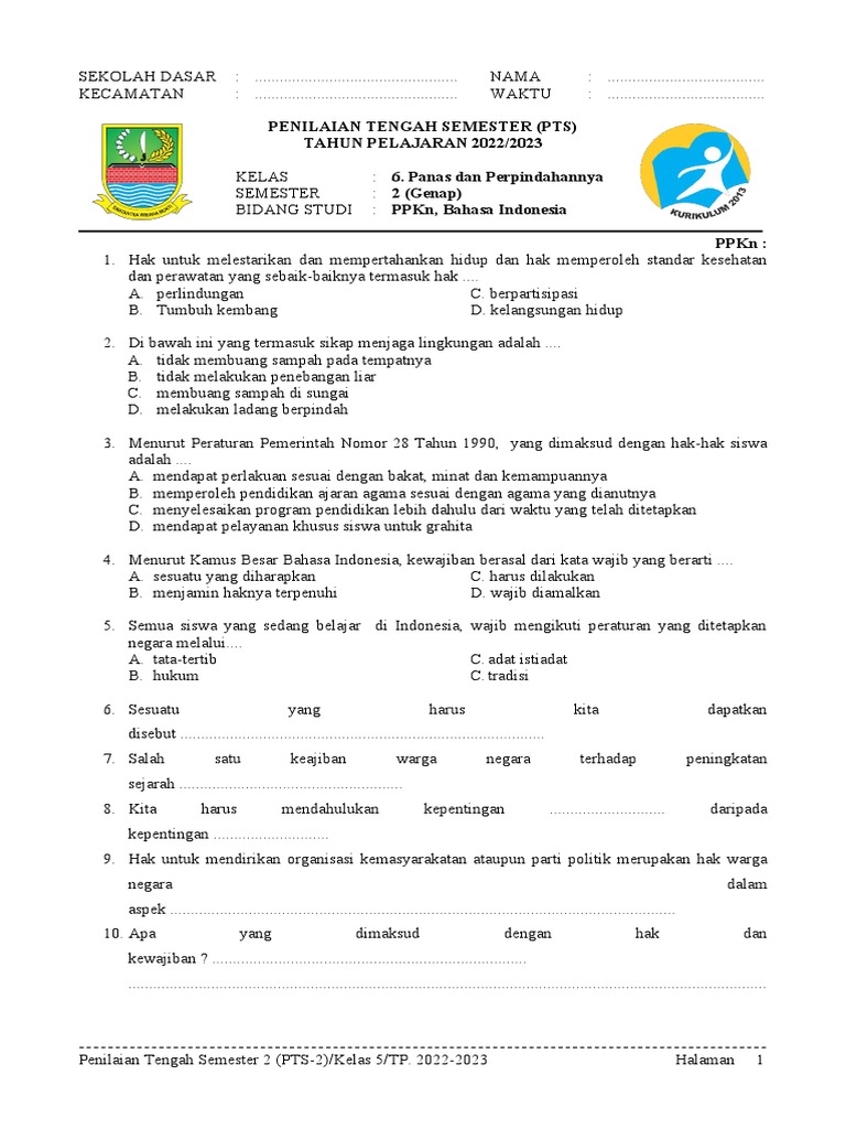Soal PTS-2 Kelas 5 (2022-2023) - Tema 6. Panas Dan Perpindahannya (PPKN, Bahasa Indonesia) | PDF