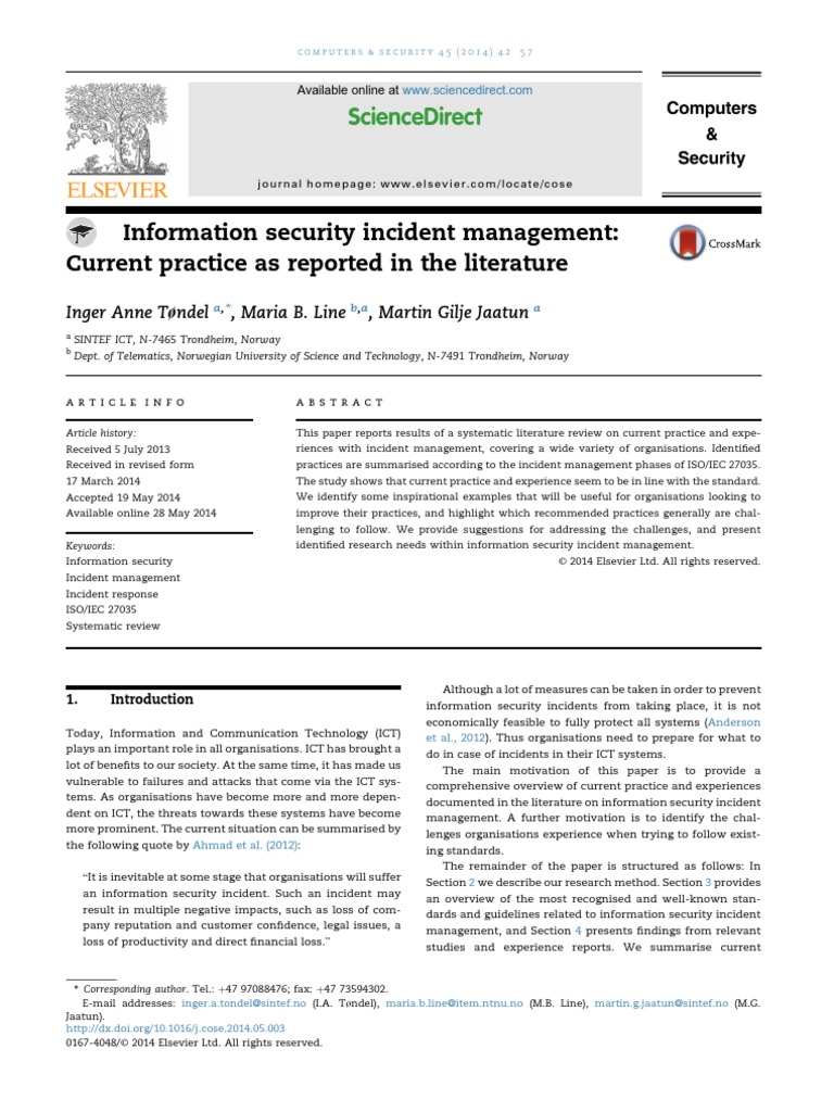 Information Security Incident Management - Current Practice As Reported in The Literature | PDF ...