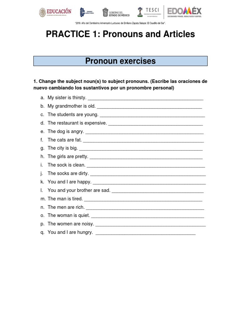 Practice 1 Pronouns and Articles | PDF | Language Mechanics | Grammar