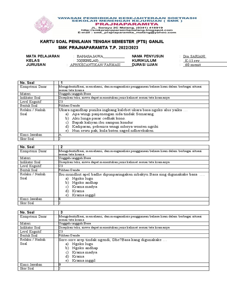 1kartu Soal Pts Ganjil 2022-2023 - Bahasa Jawa - SMK Prajnaparamita Malang | PDF | Kajian Bahasa ...