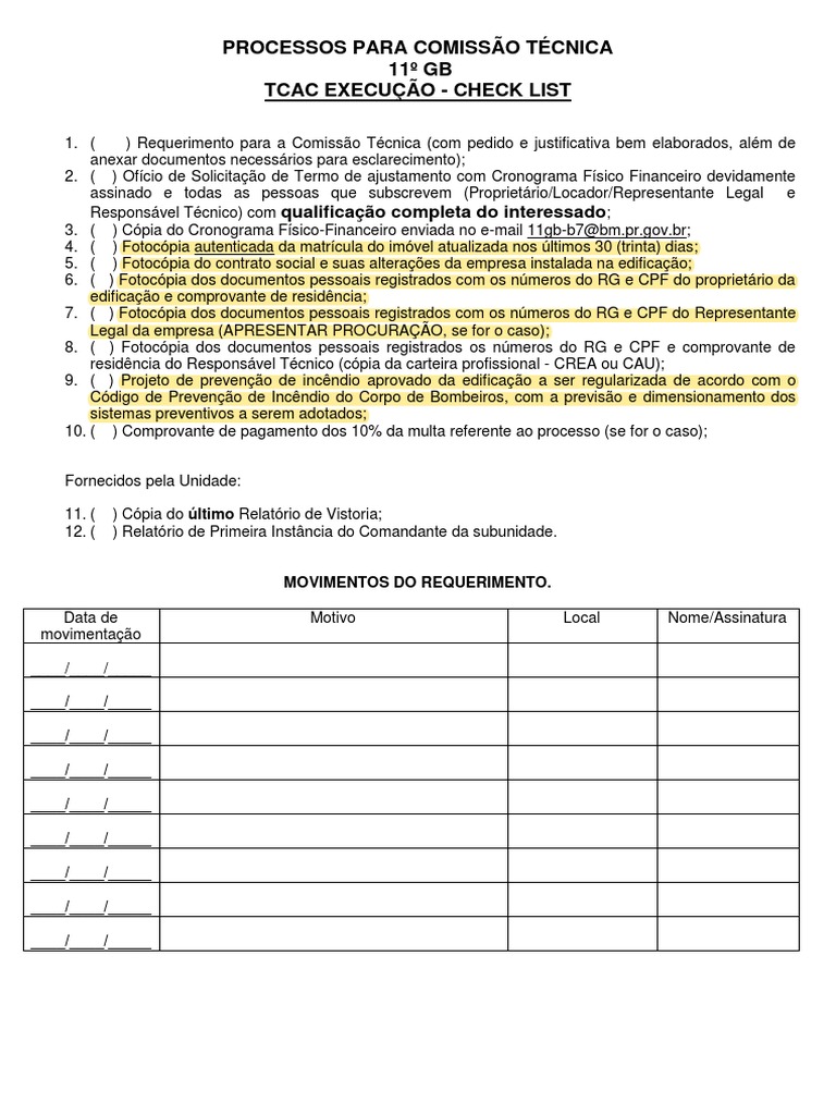 CHECK LIST - CTPI - TCAC EXECUÇÃO | PDF