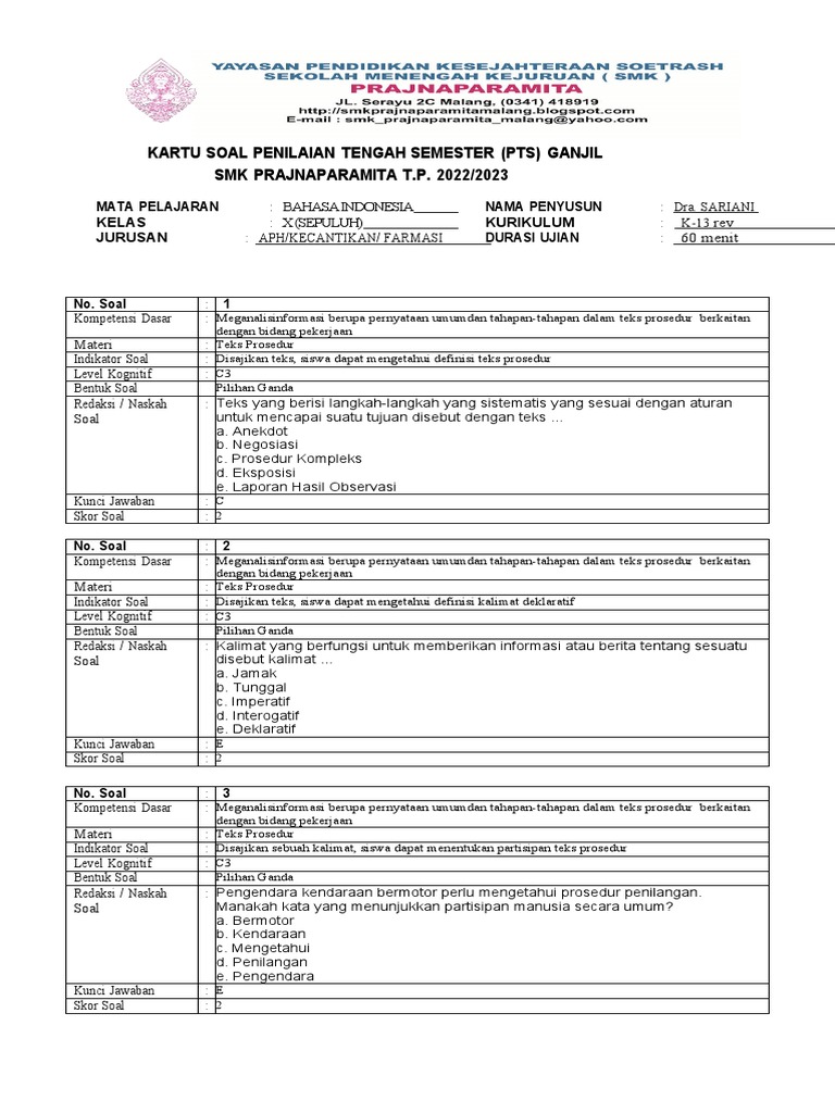 1kartu Soal Pts Ganjil 2022-2023 - Bahasa Indonesia - SMK Prajnaparamita Malang | PDF