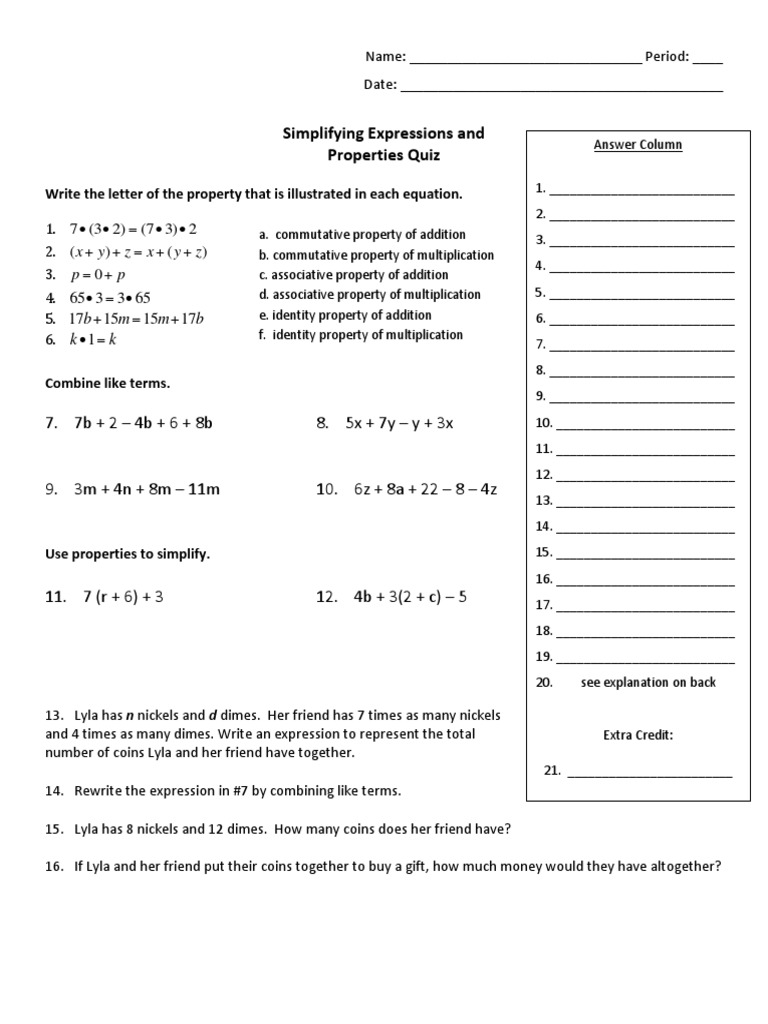 Simplifying Expressions and Properties Quiz | PDF | Multiplication ...