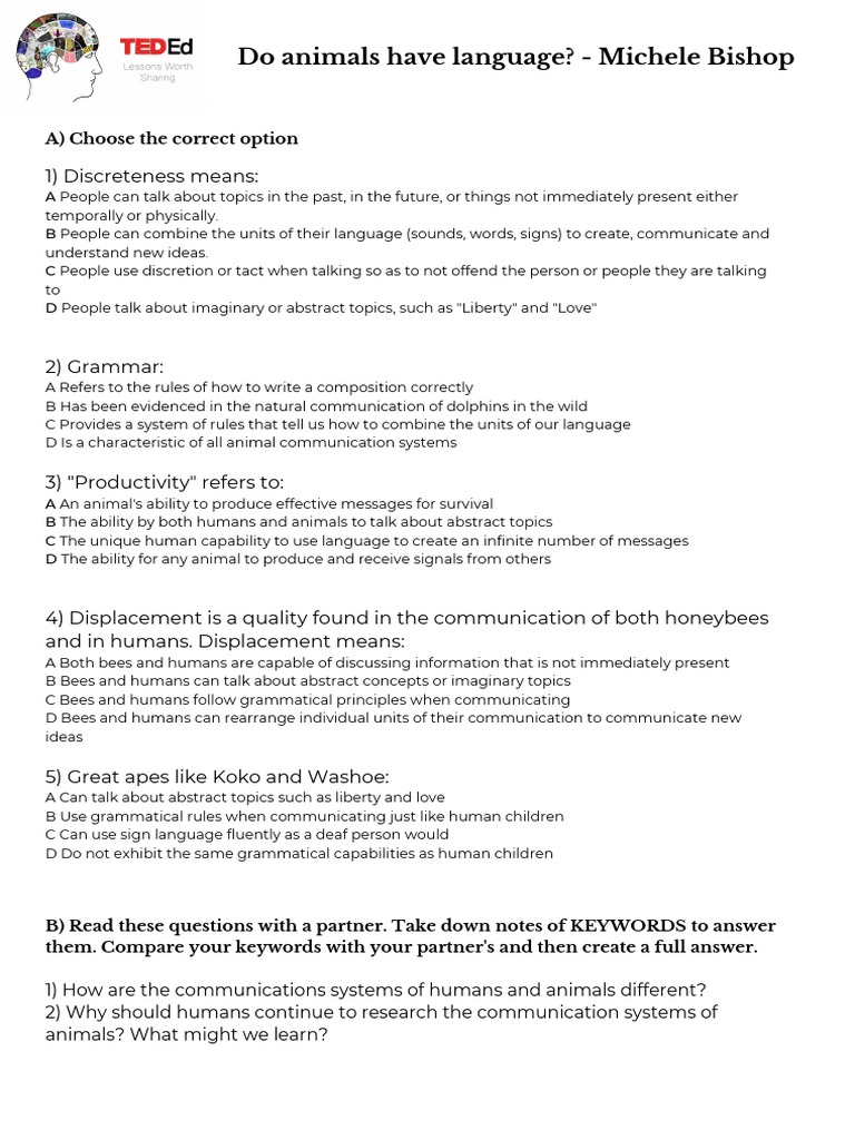 Do Animals Have Language - TED LESSON - LISTENING | PDF | Communication ...