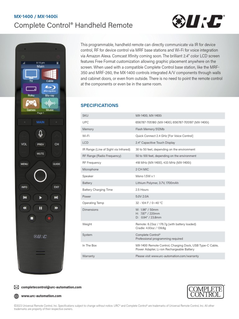 URC MX-1400/MX-1400i Specs | PDF | Remote Control | Wi Fi