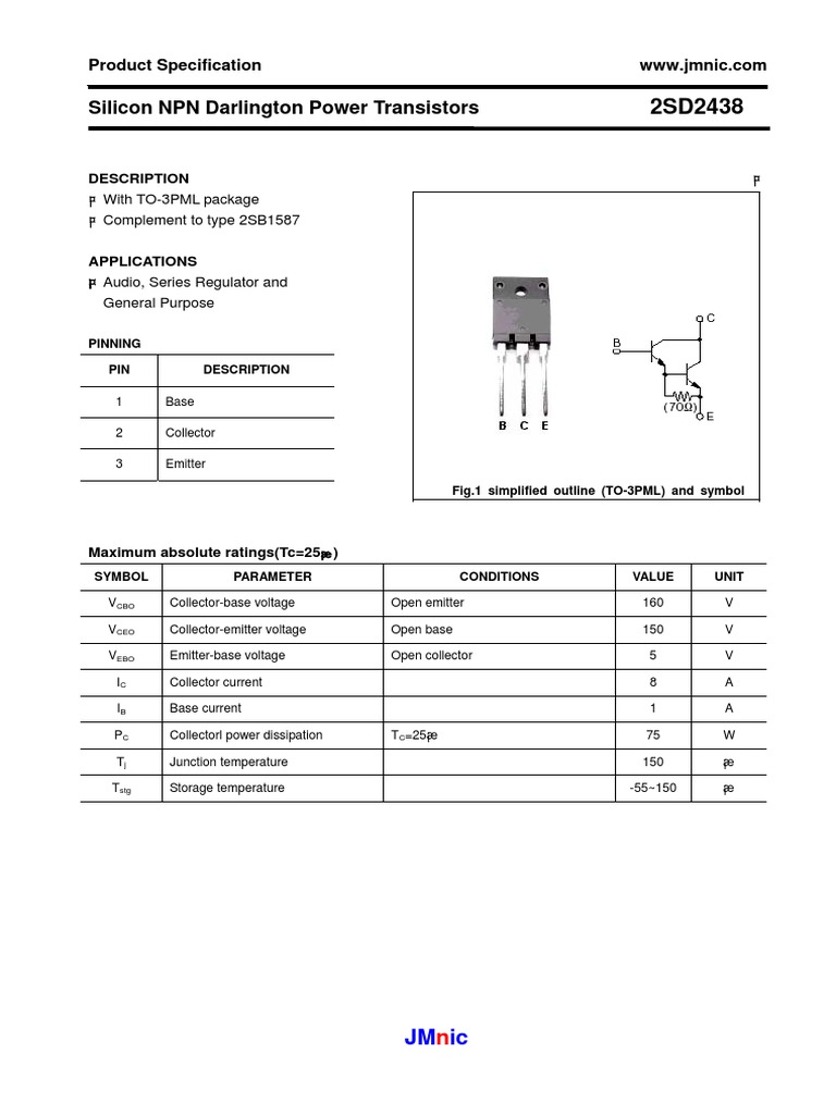 High-power silicon NPN Darlington transistor with TO-3PML package | PDF ...