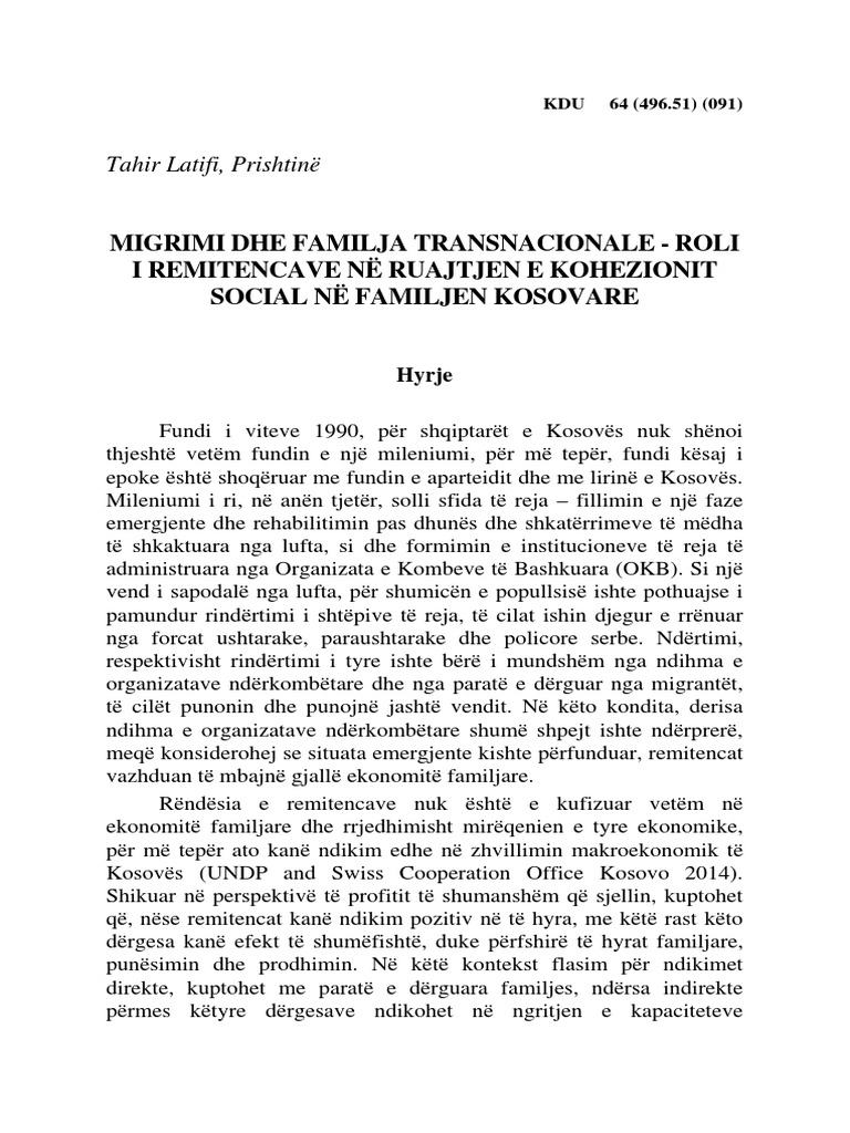 Migrimi Dhe Familja Trans-Nacionale - Roli I Remitencave Në Ruajtjen e ...