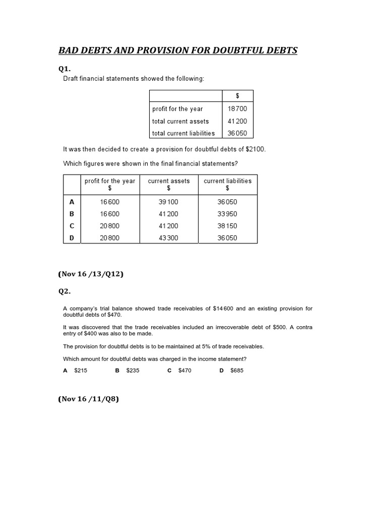 Bad Debts and Provision For Doubtful Debts MCQ | PDF | Debits And ...