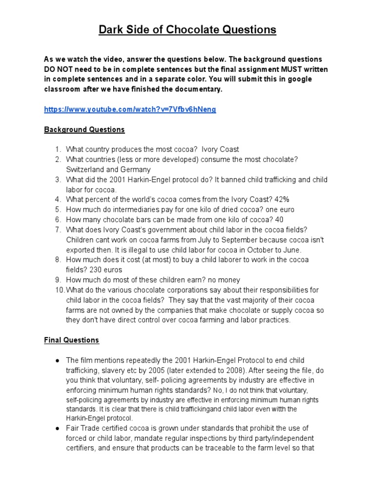Dark Side of Chocolate Doc Questions | PDF | Fair Trade | Cocoa Bean
