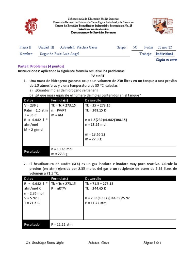 F2 - U3 - 5 Práctica Gases | PDF | Gases | Temperatura