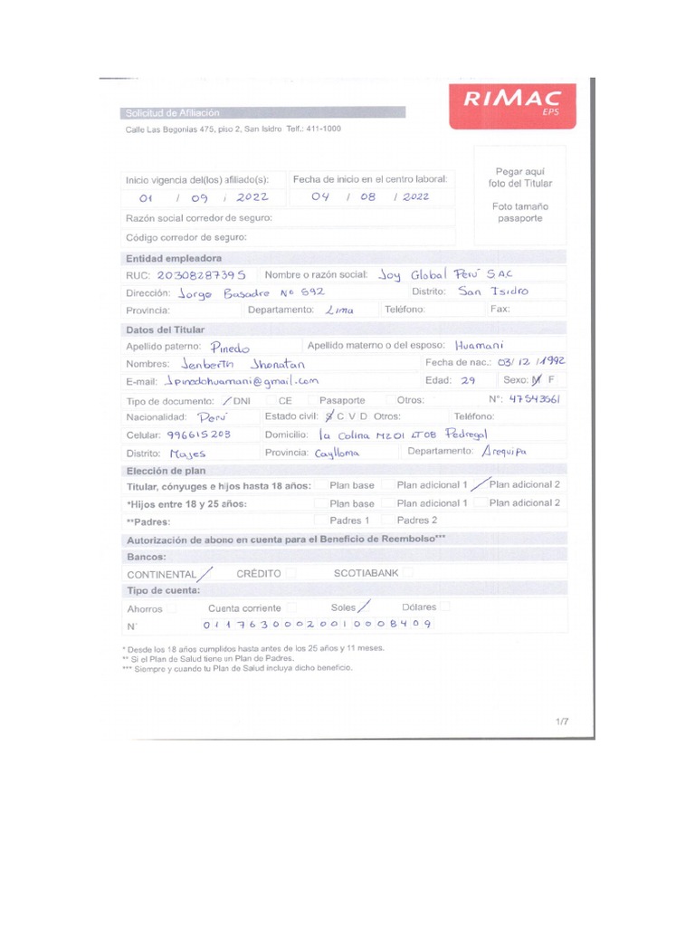 Formato de Solicitud de Afiliacion EPS Rimac | PDF