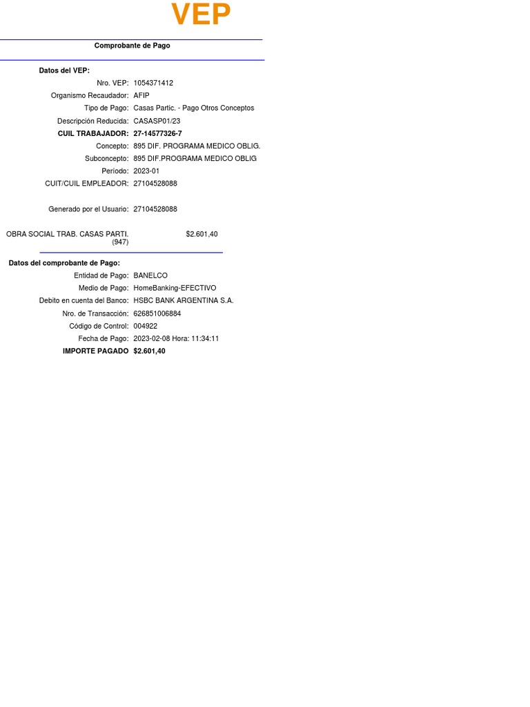 Adicional Mes Anterior Afip Vep Cuit 27145773267 Nrovep 1054371412 Nropago 626851006884 | PDF