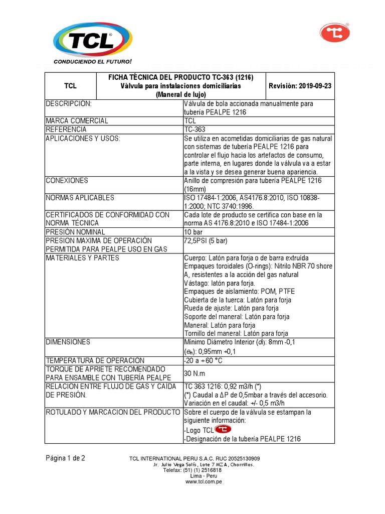 TCL Ficha Técnica Del Producto Tc-363 (1216) Válvula para Instalaciones Domiciliarias (Maneral ...