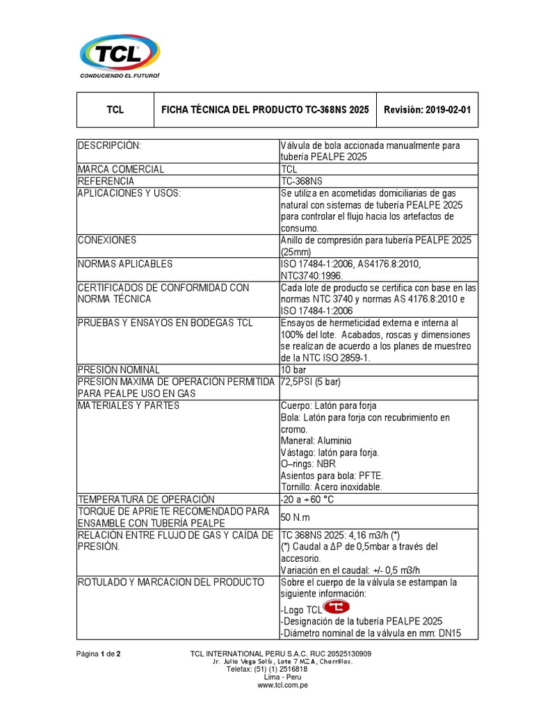 TCL Ficha Técnica Del Producto Tc-368Ns 2025 Revisión: 2019-02-01 | PDF | Tornillo | Ingeniería ...