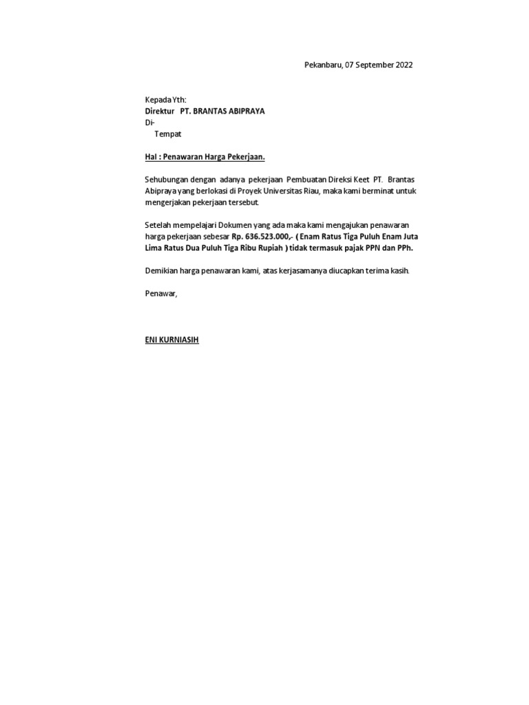 Surat Penawaran Direksi Keet Pt. Brantas | PDF