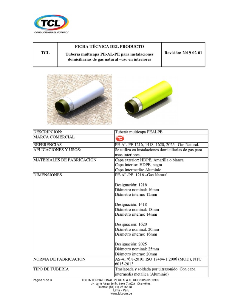 FT-PE-AL-PE TCL 2019-02-01 Perú - Co | PDF | Tubería (transporte de fluidos) | Ciencias fisicas