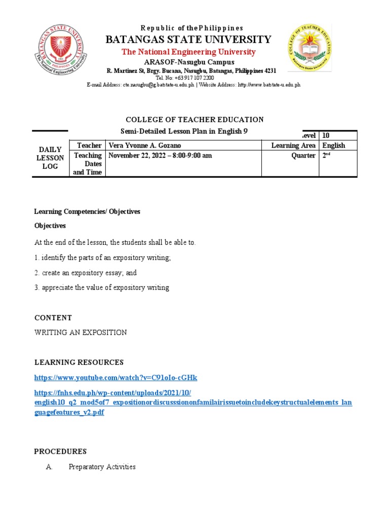 Lesson Plan in Writing An Exposition | PDF | Essays | Cognition