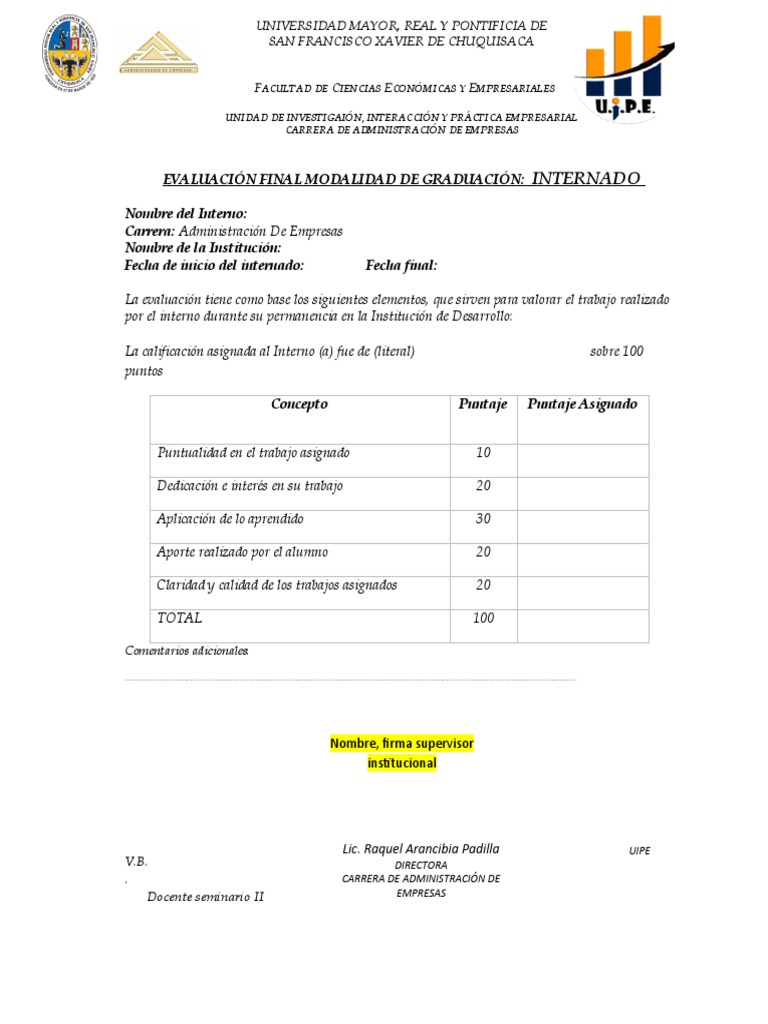 formulario Evaluación final internado | PDF