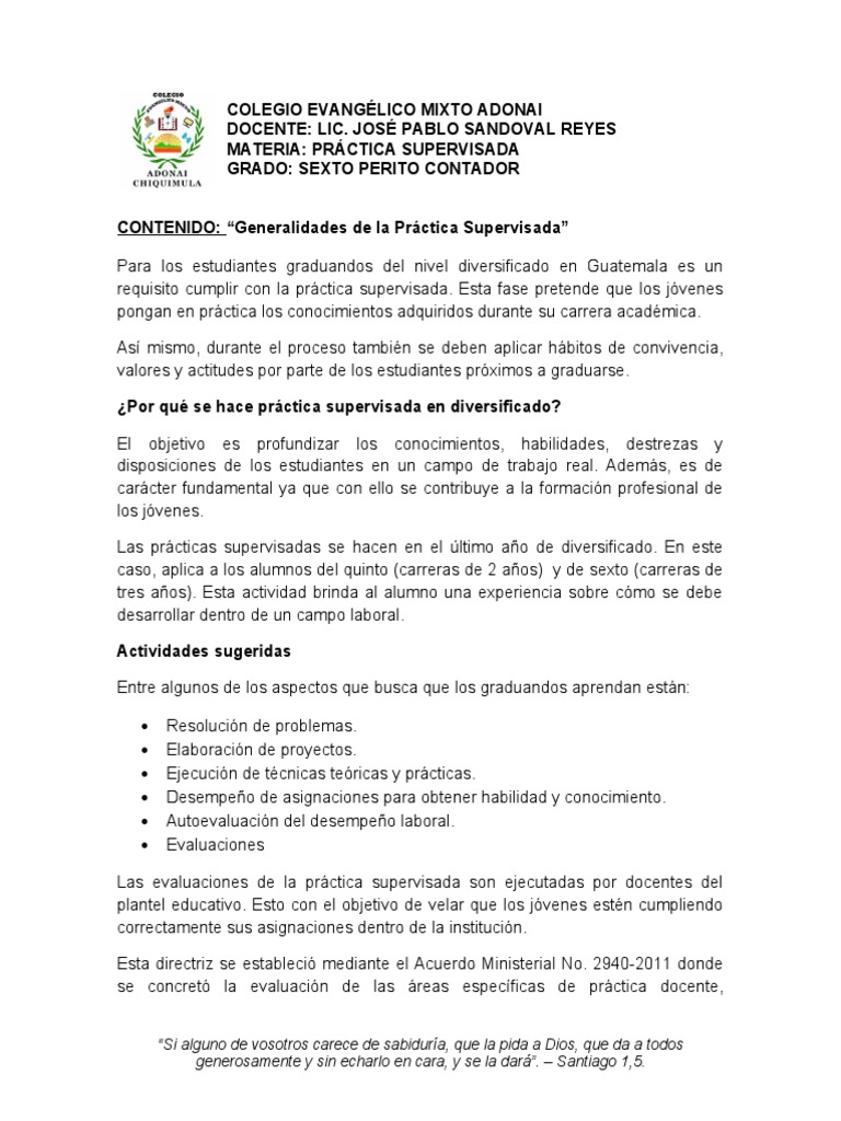 6o. PC - Práctica Supervisada - Actividad 1 - Generalidades de La Práctica | PDF | Evaluación