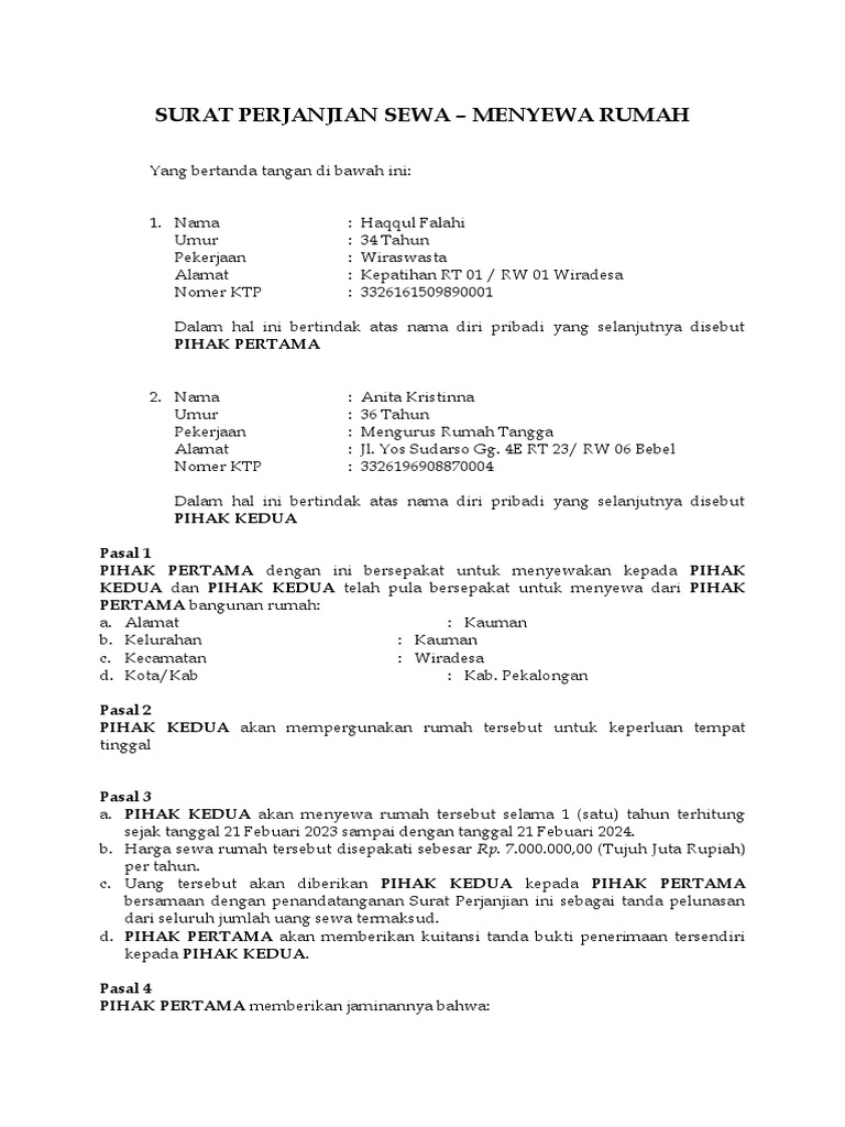 Contoh Surat Perjanjian Sewa Menyewa Rumah2 FH UII | PDF